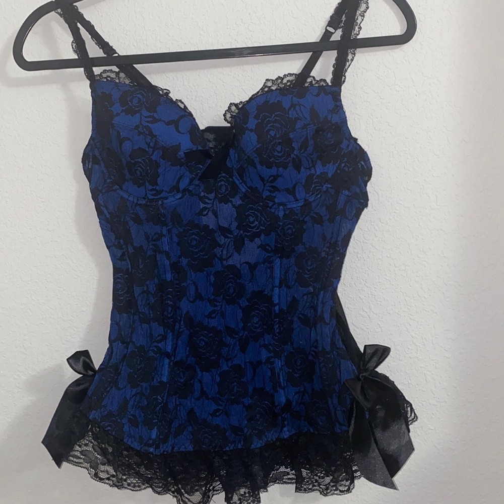 Royal Blue & Black Lace Corset With Bows - Gem